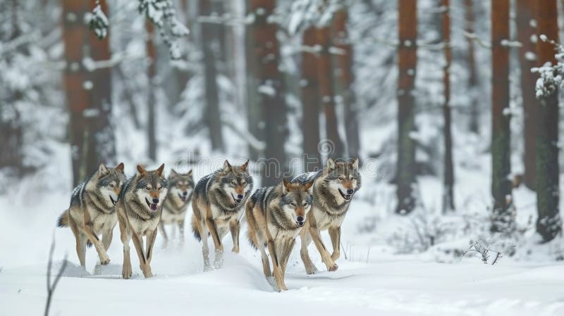 A Pack of Wolves Running through a Snowy Forest Stock Photo - Image of ...