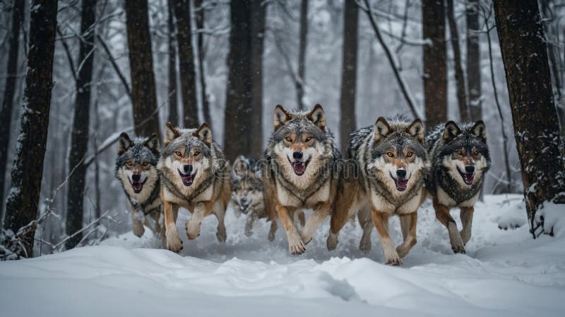 A Pack of Wolves Running through a Snowy Forest, Showcasing Their ...