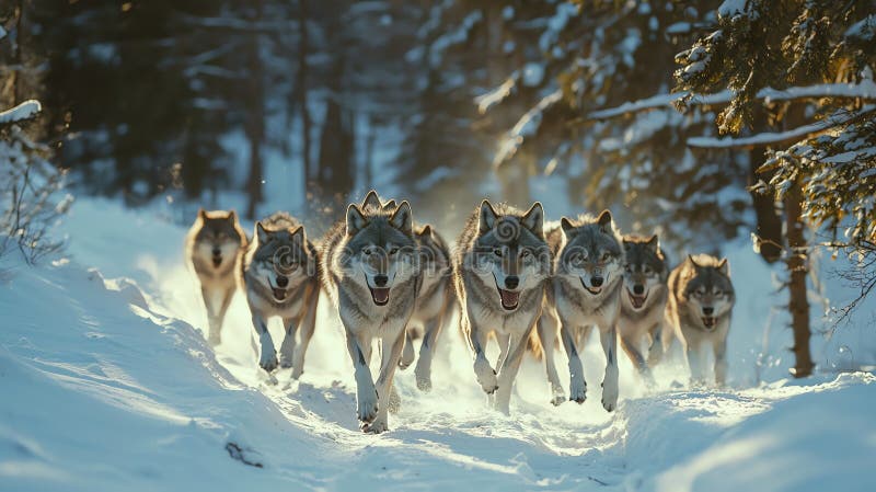 Pack of Wolves Running through Snowy Landscape, Dynamic Scene Stock ...