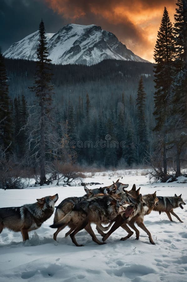 Majestic Wolf Pack at Sunset in Snowy Mountains Stock Illustration ...