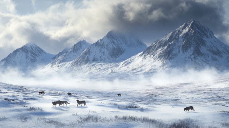 A Pack of Wolves Running through a Snowy Mountain Landscape Stock ...