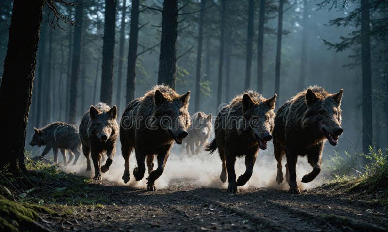 A Pack of Wolves Runs through a Dense Forest, Their Fur Blending with ...