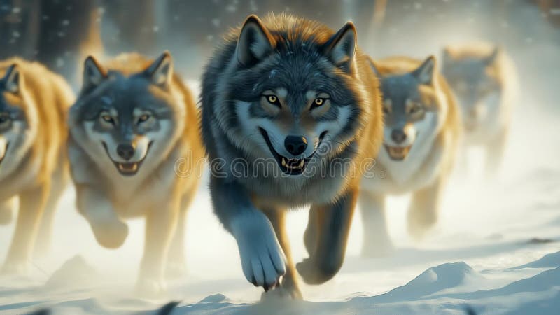 Wolves Move Powerfully through Snowy Landscape in Winter Hunt Stock ...