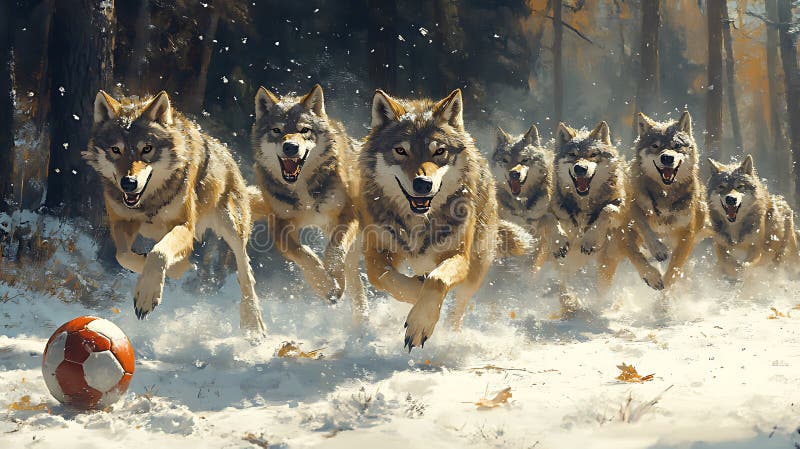 A Pack of Wolves Runs through a Snowy Forest, Chasing a Soccer Ball ...