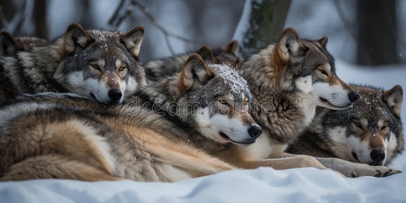 A Pack of Wolves Sleeping in the Snow, Concept of Animal Behavior ...