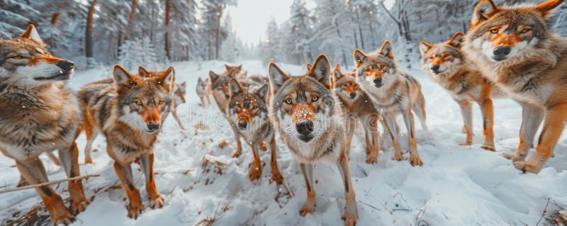 A Pack of Wolves Stand in a Snowy Forest Stock Photo - Image of track ...