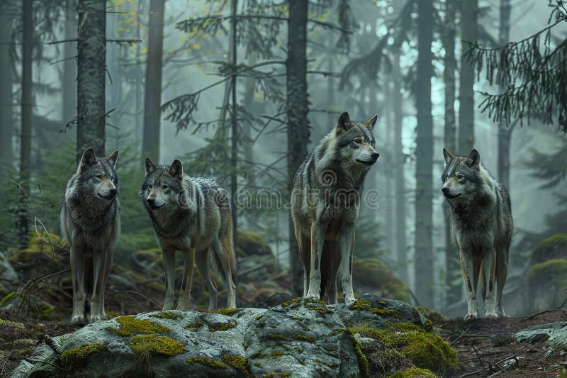 Pack of Wolves Standing on a Mossy Rock in a Misty Forest Stock ...