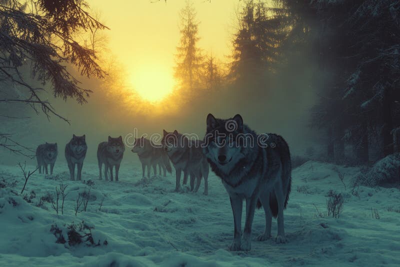 Pack of Wolves Standing in Snowy Forest at Sunset, Creating a Dramatic ...