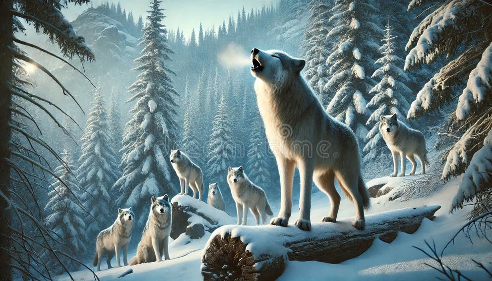 A Pack of Wolves are Standing on a Snowy Log in the Woods Stock Photo ...