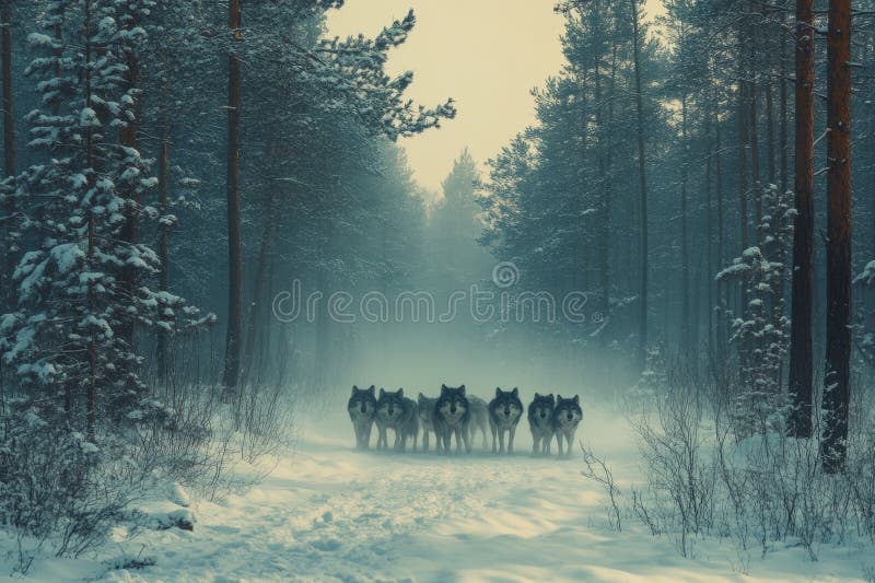 Pack of Wolves Standing on Snowy Path through Misty Winter Forest at ...