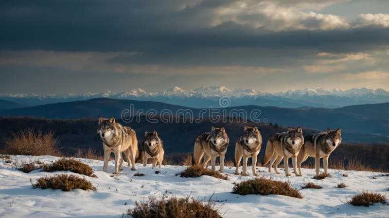 A Pack of Wolves Stands on a Snowy Landscape with Mountains in the ...