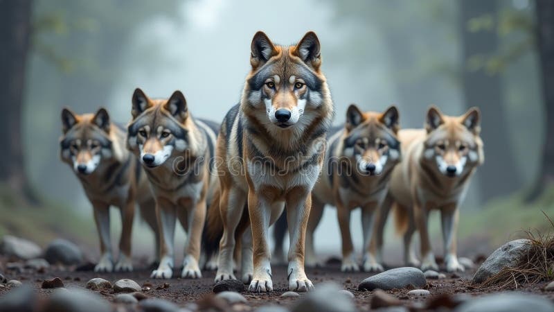 A Pack of Wolves and Their Leader Stand in Front of the Camera Stock ...