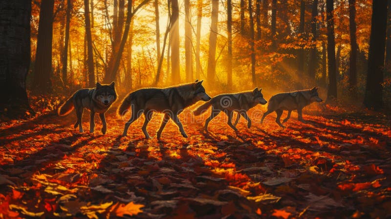 A Pack of Wolves Walking through an Autumn Forest Stock Illustration ...
