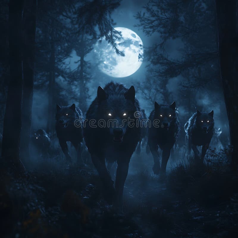 Pack of Wolves Walking through a Dark Forest Under a Full Moon Stock ...