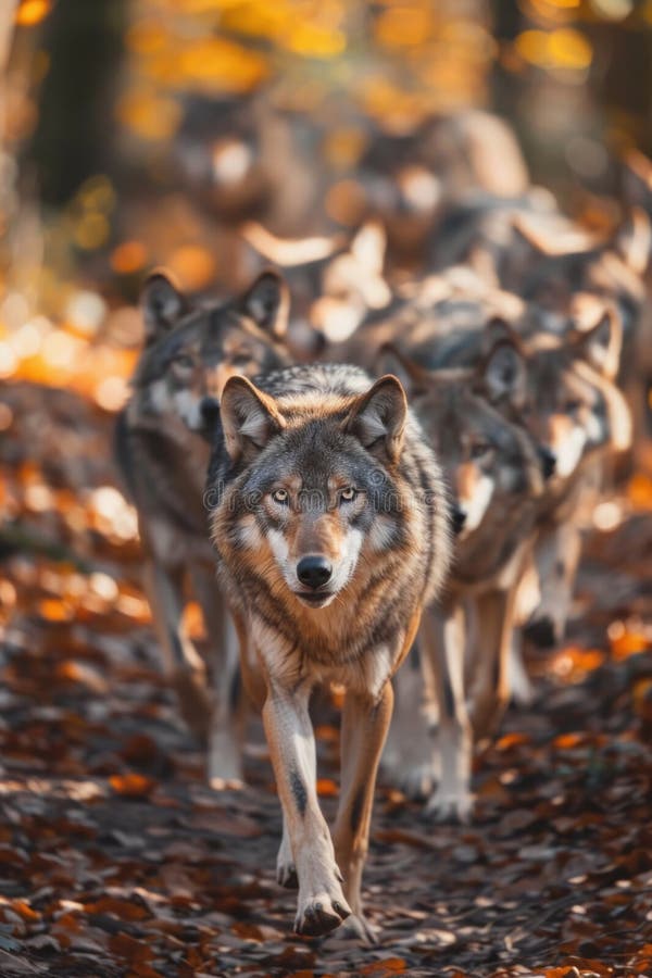 A Pack of Wolves Walking through a Fall Forest Stock Image - Image of ...