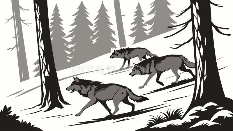 Wolves in Forest, Wildlife Pack Scene, Nature Illustration Vector ...