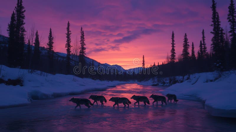A Pack of Wolves Walking through a Frozen River at Sunset Stock ...