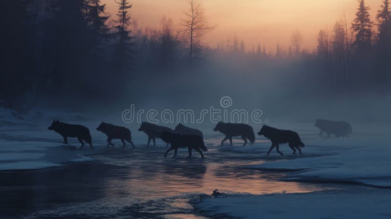 A Pack of Wolves Walking through a Misty Forest at Sunset Stock ...
