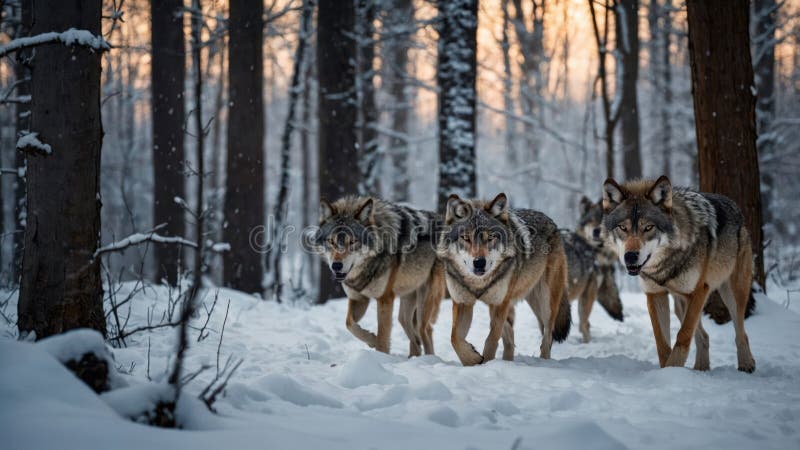 A Pack of Wolves Walking through a Snowy Forest at Dawn Stock ...