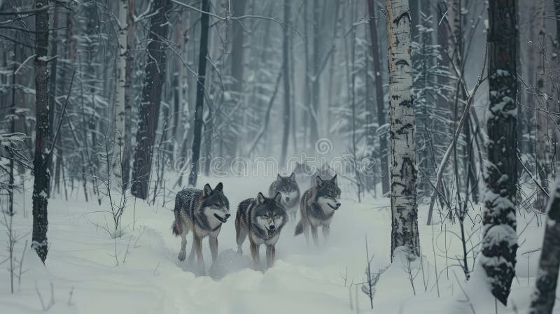 A Pack of Wolves Walking through a Snowy Forest Stock Photo - Image of ...