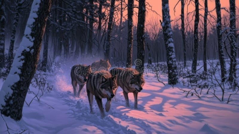 A Pack of Wolves Walking through a Snowy Forest at Sunset Stock ...