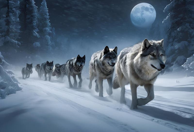 Pack of Wolves Walking through a Snowy Forest Under a Full Moon at ...