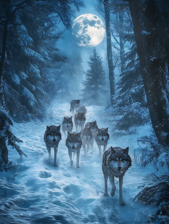 Pack of Wolves Walking through a Snowy Forest Under a Full Moon Stock ...