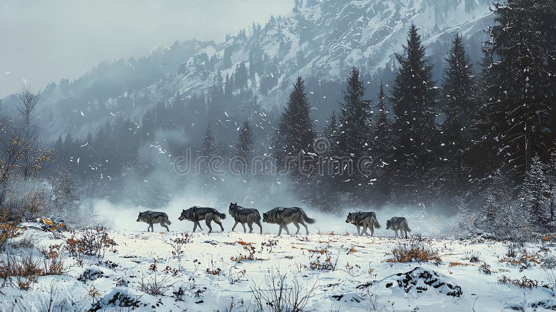 Pack of Wolves Walking through Snowy Forest Stock Illustration ...