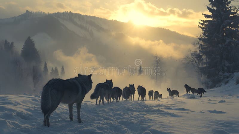 Pack of Wolves Walking through Snowy Landscape at Sunrise Stock ...