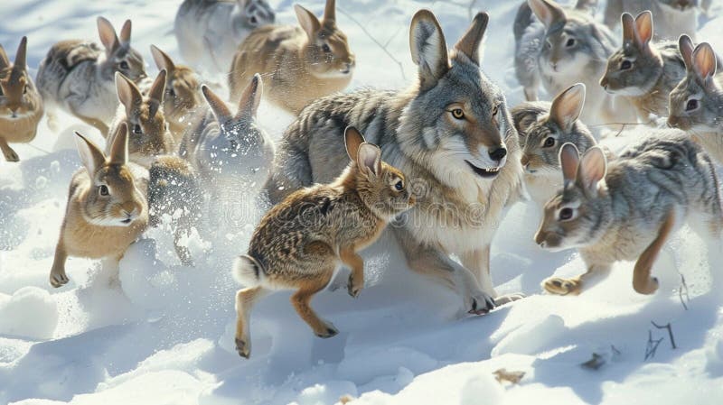 Pack of Wolves in the Winter Forest, Attacking Giant Rabbit Stock ...