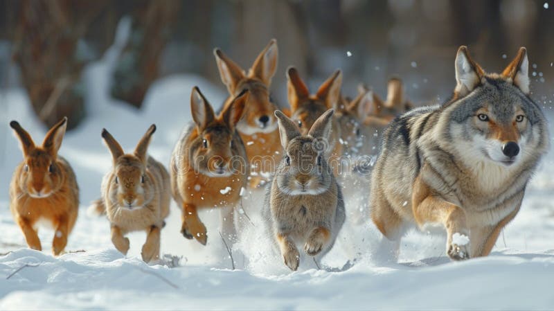 Pack of Wolves in the Winter Forest, Attacking Giant Rabbit Stock ...