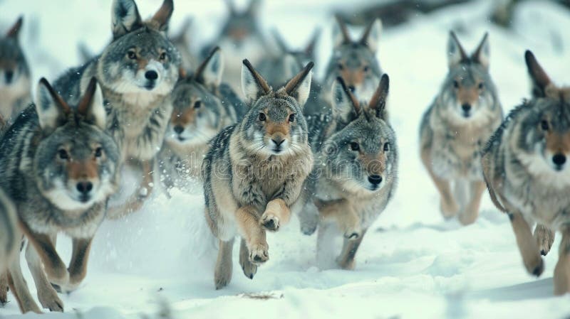 Pack of Wolves in the Winter Forest, Attacking Giant Rabbit Stock ...