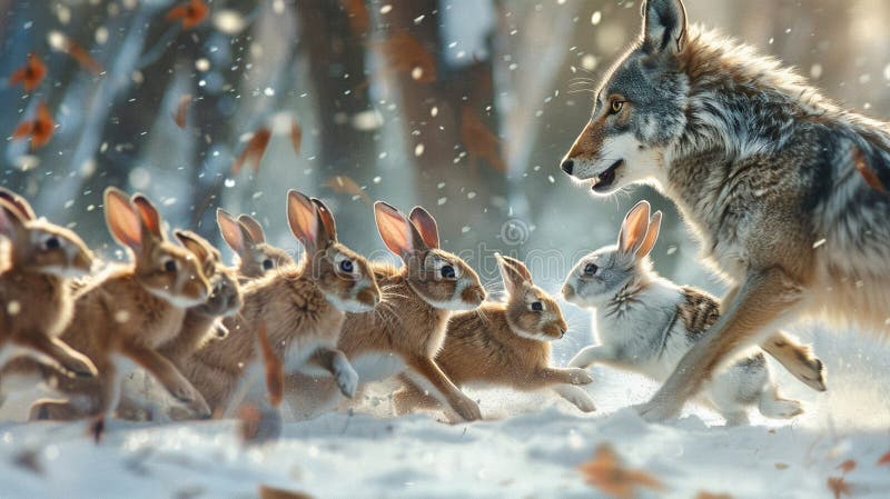 Pack of Wolves in the Winter Forest, Attacking Giant Rabbit Stock ...