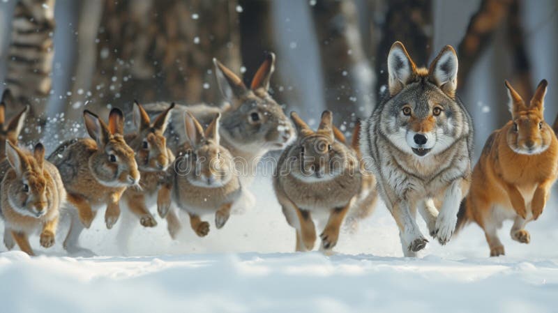 Pack of Wolves in the Winter Forest, Attacking Giant Rabbit Stock ...