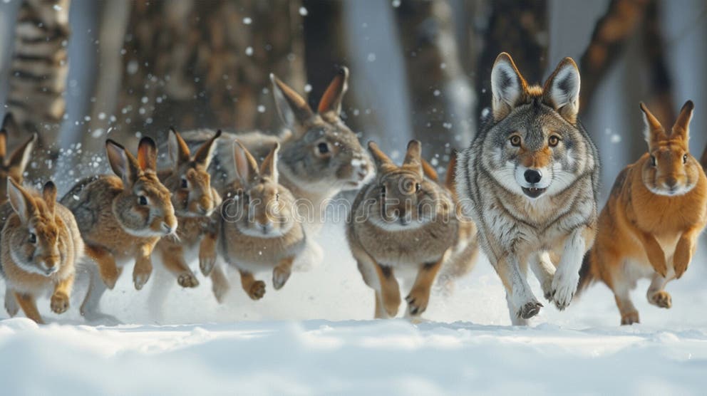 Pack of Wolves in the Winter Forest, Attacking Giant Rabbit Stock ...