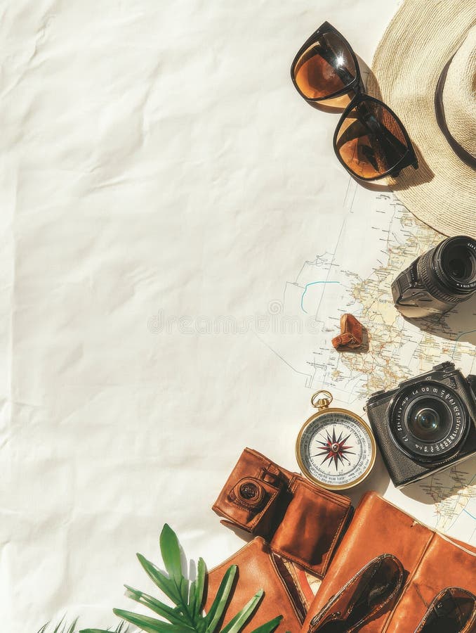 Pack Your Travel Essentials Featuring a Map, Compass, Camera, and ...