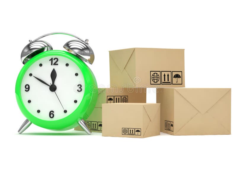Package and Alarm Clock, Delivery Concept Stock Photo - Image of ...