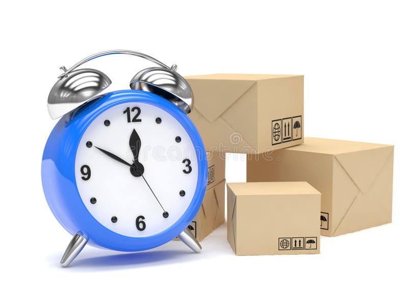 Package and Alarm Clock, Delivery Concept Stock Photo - Image of ...