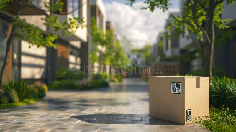 Package Box with QR Code on Street in Modern Residential Area ...
