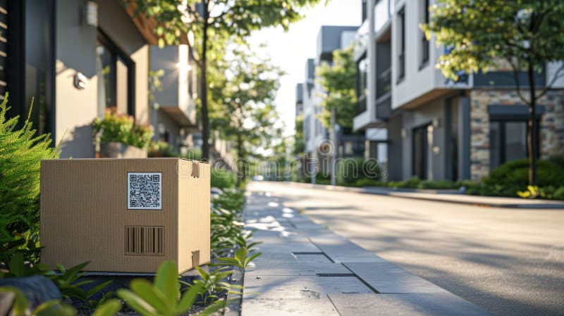 Package Box with QR Code on Street in Modern Residential Area ...