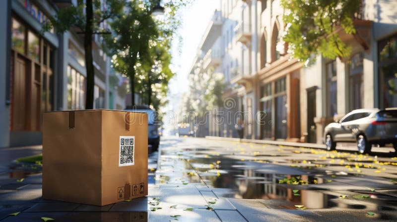 Package Box with QR Code on Street in Modern Residential Area ...