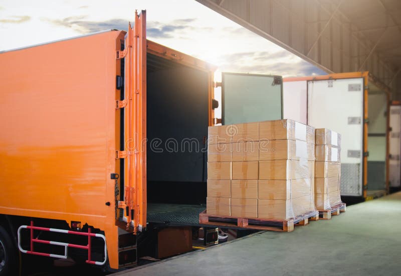 Package Boxes Stacked on Pallets Loading into Container Truck ...