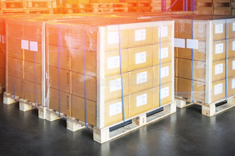 Package Boxes Wraaped Plastic Film on Pallets in Storage Warehouse ...