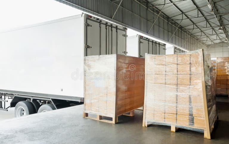 Package Boxes Wrapped Plastic on Pallets Loading into Container ...