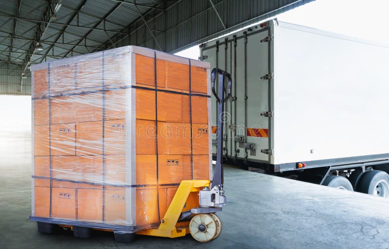 Package Boxes Wrapped Plastic Stacked on Pallets Load into Cargo ...