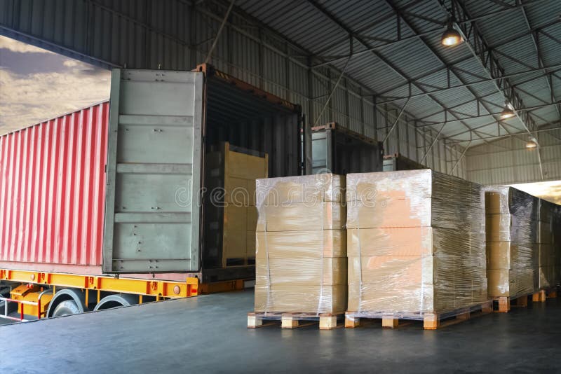 Package Boxes Wrapped Plastic Stacked on Pallets Load into Cargo ...