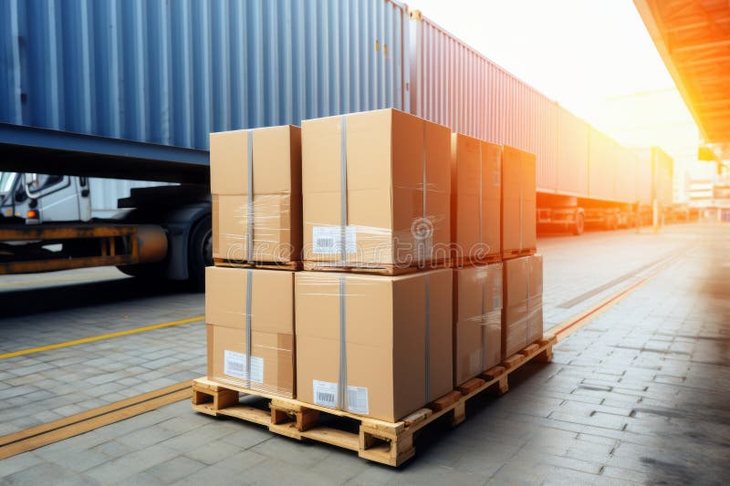 Package Boxes Wrapped Plastic Stacked on Pallets Load into Cargo ...