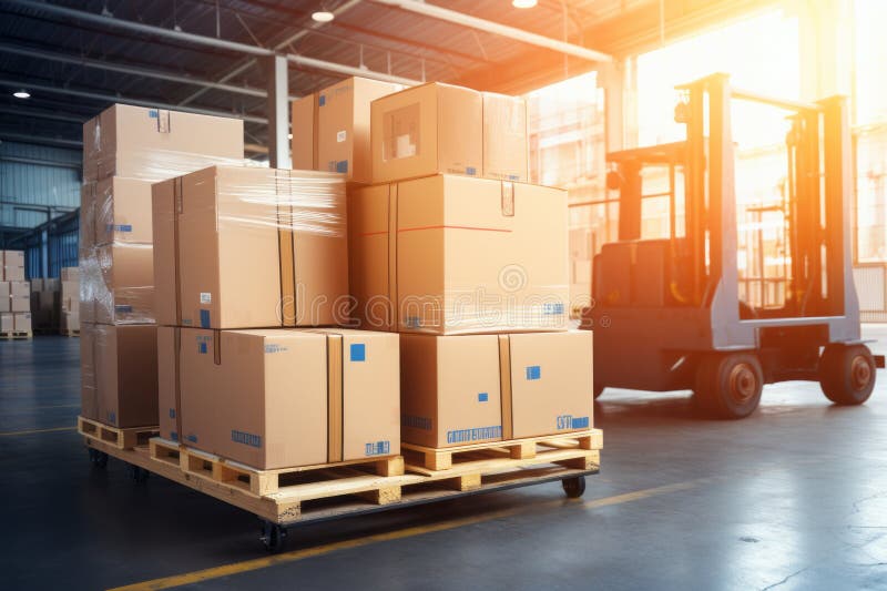 Package Boxes Wrapped Plastic Stacked on Pallets Load into Cargo ...