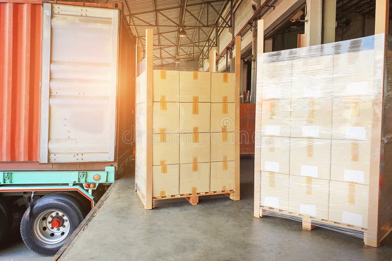 Package Boxes Wrapped Plastic Stacked on Pallets Loading into Container ...