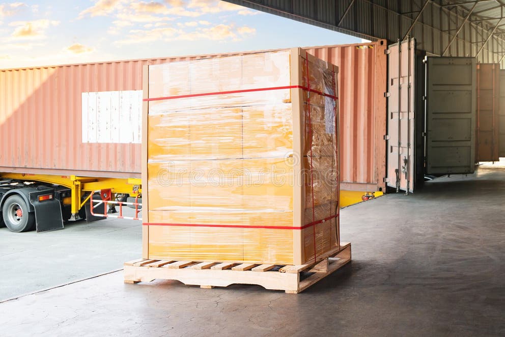 Package Boxes Wrapped Plastic Stacked on Pallets Loading into Container ...